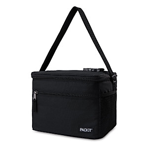 PackIt Freezable Essential Cooler, Black, Built with ECOFREEZE Technology, Fully Freezable, Collapsible, Reusable, With Removable Crossbody Strap, Top Clip Handle, Designed for Fresh Office