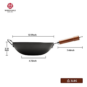 WANGYUANJI Carbon Steel Wok Pan,12.59" Woks and Stir Fry Pans with Glass Lid,Chinese Wok Flat bottom Iron wok for Induction, Electric, Gas, Suitable for All Stoves