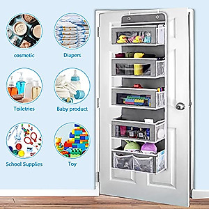Over the Door Hanging Organizer Clear with 5 Large Clear Window Nursery Closet Cabinet Baby Wall Mount Door Organizer Storage for Bedroom, Bathroom, Kitchen, Closet and Dorm with 17 Large Pockets Gray