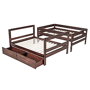 Full Over Full Bunk Bed with 2 Drawers, Solid Wood Bunk Bed Frame with Ladders & Storage Drawers, Bedroom Furniture Can Be Divided Into Two Individual Beds