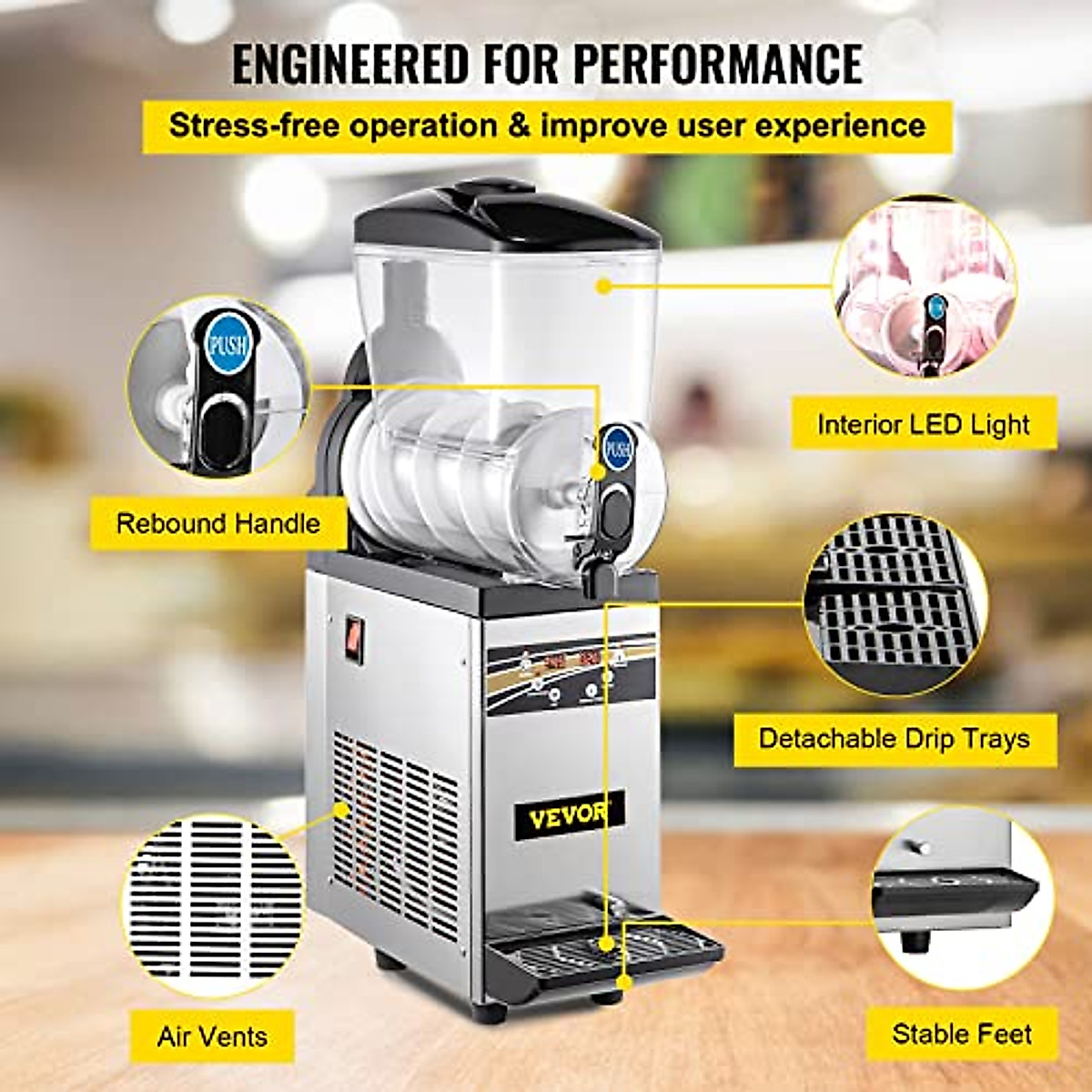 VEVOR Commercial Margarita Machine, 1Tank 15L Commercial Slushy Machine, Stainless Steel Smoothie Frozen Drink Maker, 500W 110V for Supermarkets Cafes Restaurants Bars Home Use