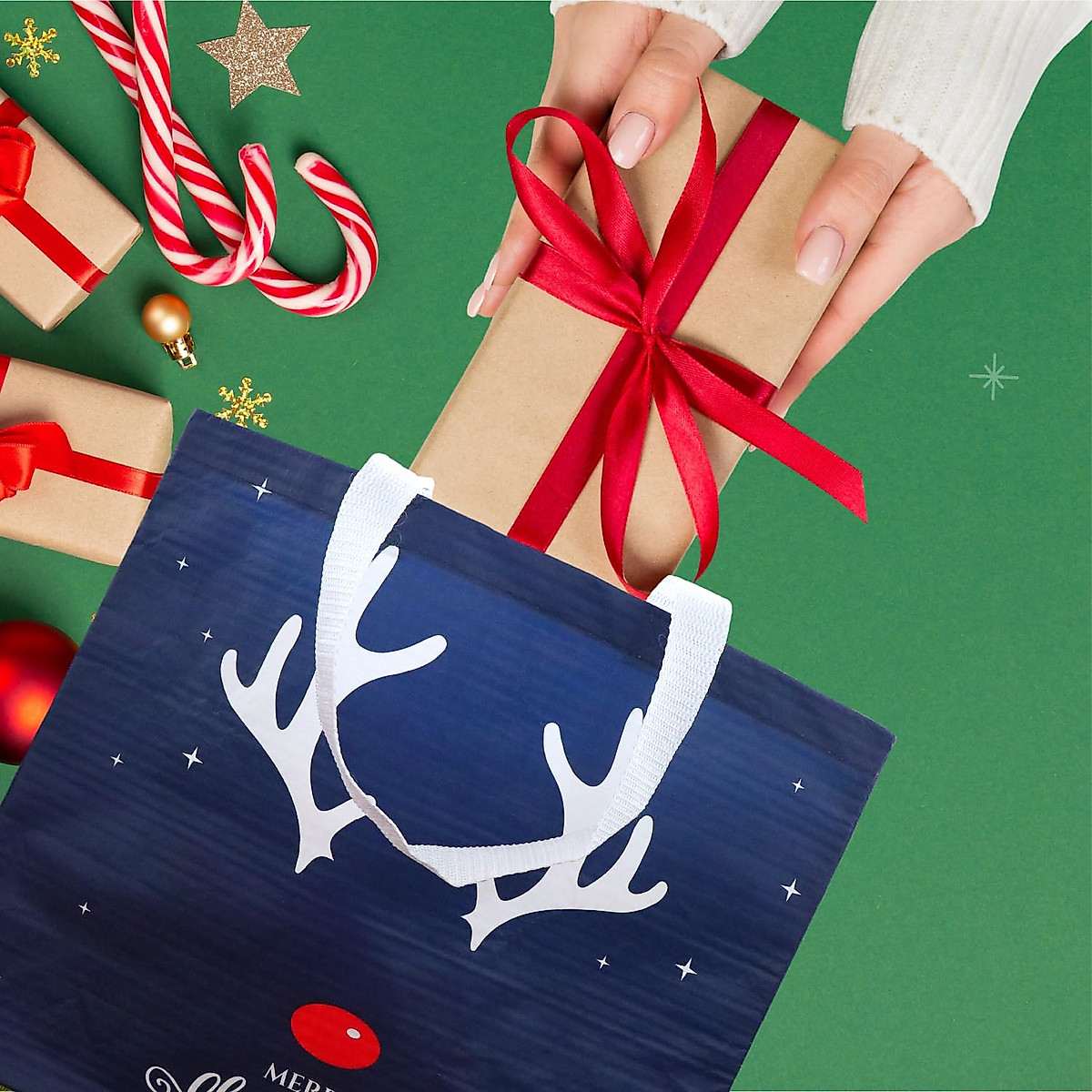 L'ogar 10 pack reusable shopping bags with handle, christmas reindeer design. Grocery bag, gift bag, groceries totes. Load 88.18 lbs. 19.96"*6.29"*12.59"