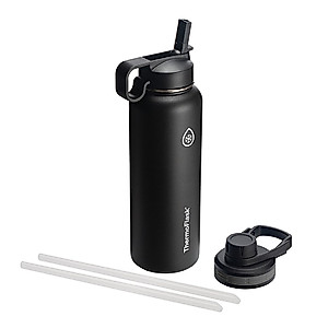 ThermoFlask 40 oz Double Wall Vacuum Insulated Stainless Steel Water Bottle with Spout and Straw Lids, Black