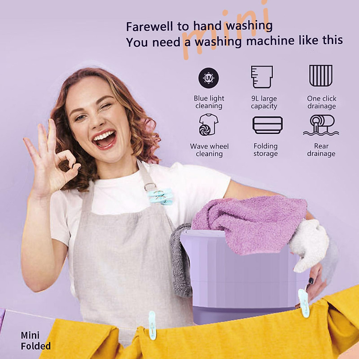 Foldable Washing Machine, Mini Washing Machine,9L Small Washer with Drain Basket,Portable washing Machine for Small Clothes,Suitable for Underwear,Apartment,Dorm,Camping,Travel (Purple -9L)