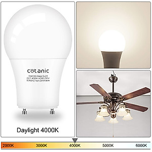 Cotanic GU24 Light Bulb 4000K Daylight A19 LED Bulb for Ceiling Fan, 2 Prong Light Bulbs with GU24 Twist-in Lock Base 9W 60W CFL Replacement,900LM,Non-dimmable,4 Pack