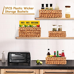 XLHOMO Bathroom Wicker Baskets Large for Shelves, Organizing, Waterproof Woven Storage with Handle for Toilet Shelf Baskets, Laundry Room, 3-Pack (Caramel, Large)