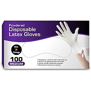Bits N Things Latex Disposable Gloves, Comfortable, Powdered, 100 per Box (Medium)