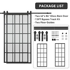 BARNSMITH Bypass Double Glass Barn Door 84 x 84 in with 7.5FT Side-Mounted Hardware Kit, 2 Sets of 42x84 Frosted Glass Aluminum Frame Barn Door,Assemble Required (2 * 42inx 84in)