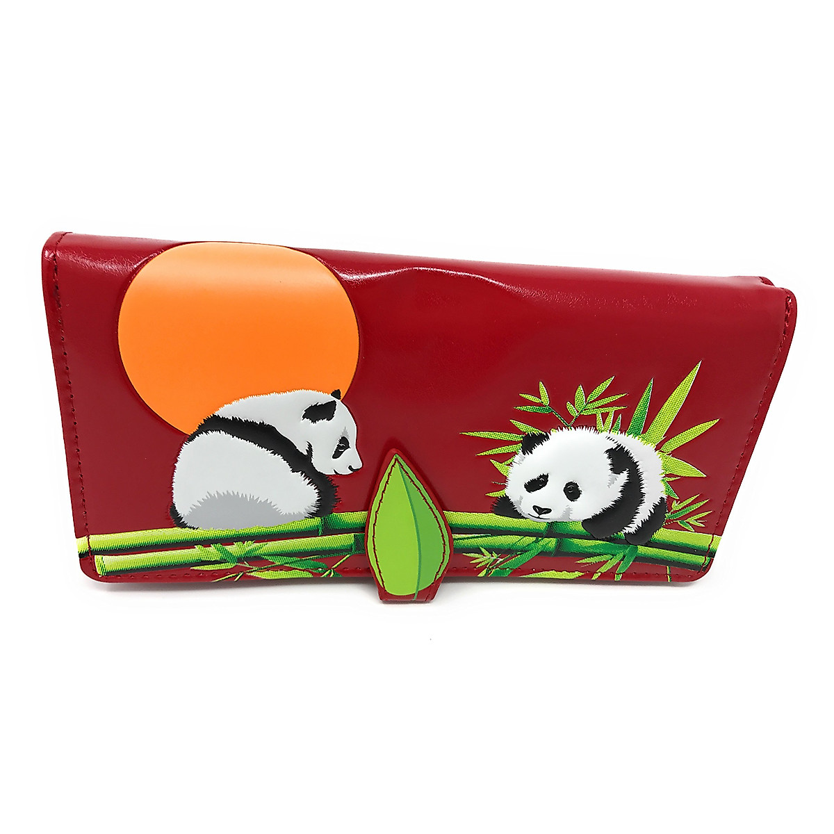 Shag Wear Playful Pandas on Bamboo Large Wallet for Women and Teen Girls Vegan Faux Leather 7" Red