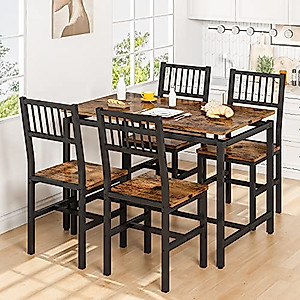 Lamerge Kitchen Table and Chairs Set, Industrial 5 Piece Dining Table Set Wooden Table and 4 Chairs with Backrest, 4 People Dining Table Set for Dining Room, Living Room, Restaurant- Rustic Brown
