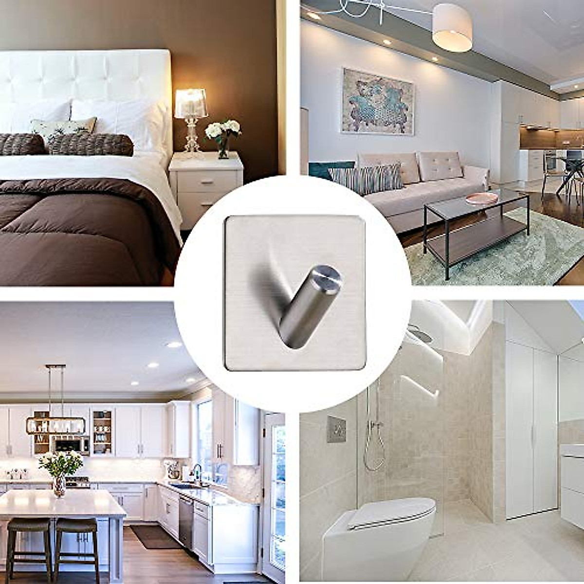 4 Pack Adhesive Hooks Metal Heavy Duty Wall Mounted 3M Sticky Hook for Hanging Coat, Scarf, Bag, Towel, Keys for Home, Bedroom, Entryway NO Damage Wall Hangers Square Brushed Nickel