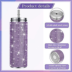 2 Pcs Bling Tumbler 20oz Rhinestone Cup Glitter Diamond Bottle with Lid and Straw Rhinestones Stainless Steel Glitter Thermal Water Bottle Diamond Straw Cup for Women (Silver, Purple)