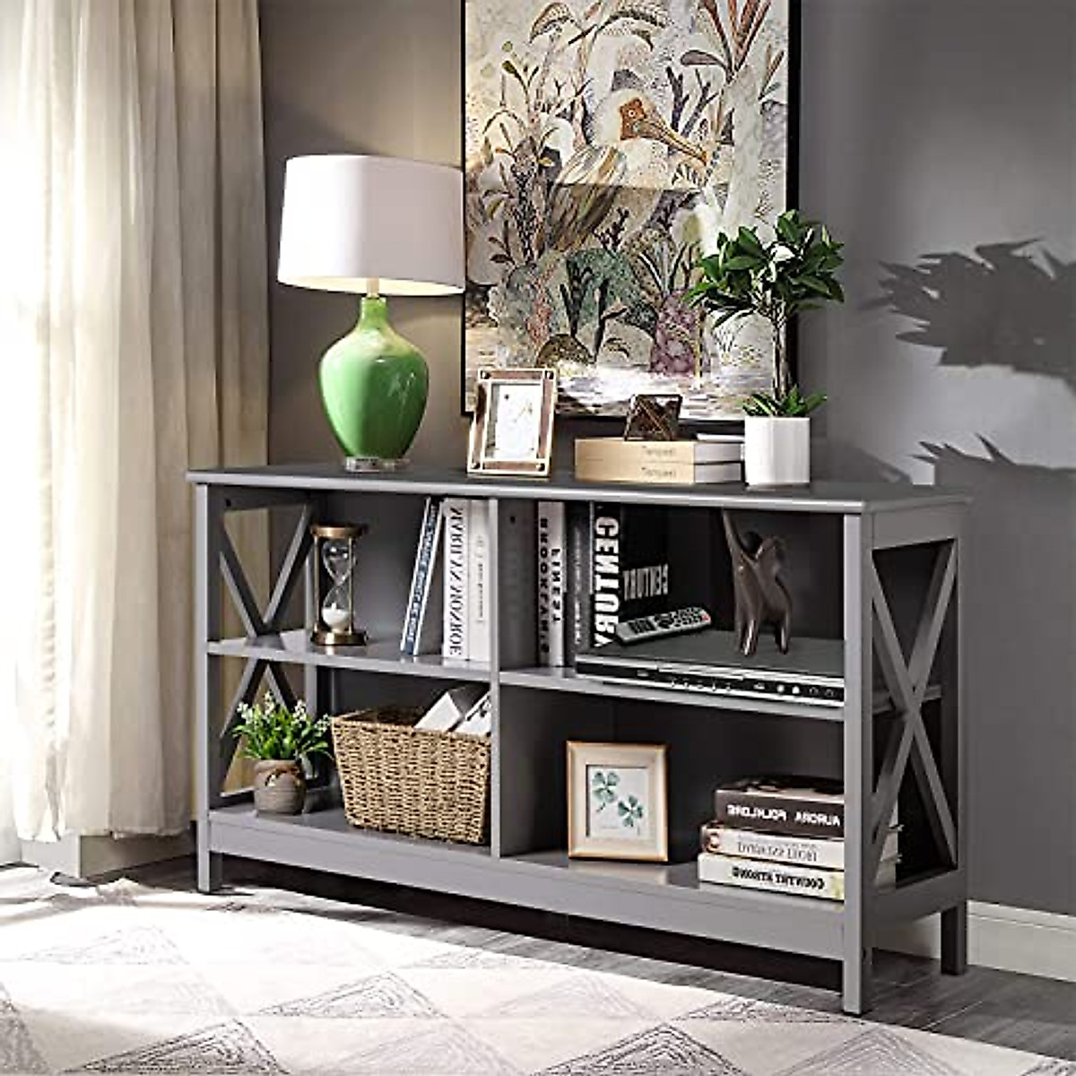 KOTEK Wooden TV Stand for TVs up to 55 Inch, Farmhouse TV Console Table with 4 Open Storage Shelves, Entertainment Center Television Stand for Living Room, Bedroom (Grey)