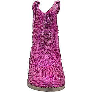 Forever Girls Rhinestone Cowboy Boots Kids Low Heel Dress Booties River-01K Fuchsia 2