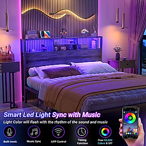 Aheaplus Headboard for Queen Size Bed with Storage, Headboards with Outlets, USB Ports and LED Light, Queen Size Head Board Only, Height Adjustable, Reversible, Sturdy and Stable Headboard, Black Oak