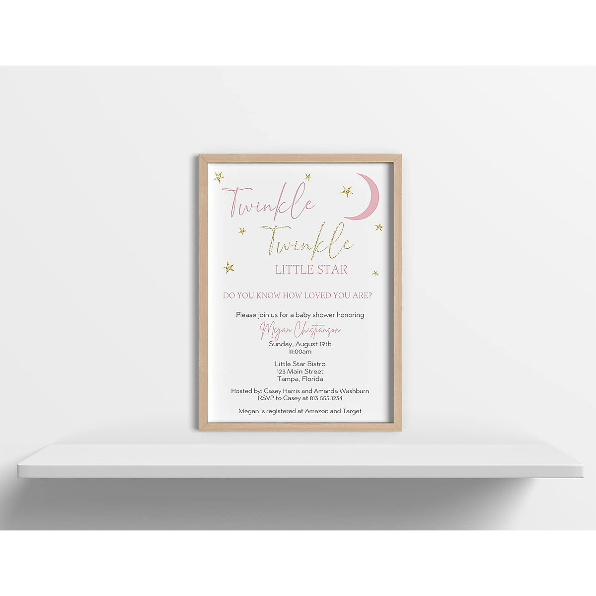 Twinkle Little Star Baby Shower Invitation Over the Moon Invites Pink Gold Girls Glitter Custom Customize Personalize Printed Cards (12 Count)