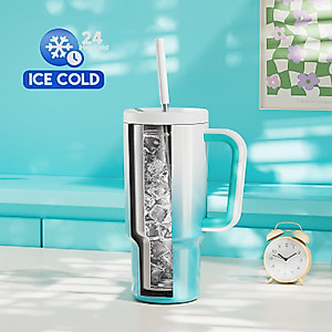 Meoky 24 oz Tumbler with Handle and Straw, 100% Leak-proof Tumbler with Lid and Straw, Insulated Stainless Steel Travel Coffee Mug, Keeps Cold for 24 Hours (Azure)