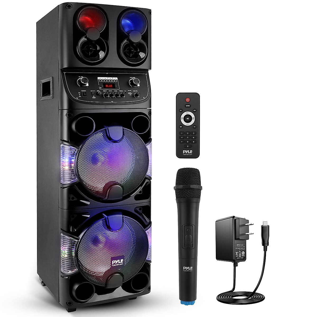 Pyle Portable Bluetooth PA Speaker - 600W Dual 10” Rechargeable Indoor/Outdoor BT Karaoke Audio System -LED Display, FM/AUX/MP3/USB/SD, 1/4" in, Handle, Wheels -Wireless Mic, Remote Control