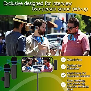2 Pack Wireless Mini Lavalier Lapel Microphone for iPhone 15,Android Phone - 80ft Cordless Clip on Dual Mics with Noise Reduction 5H Working Time for Video Recording Vlogging, YouTube, Interview