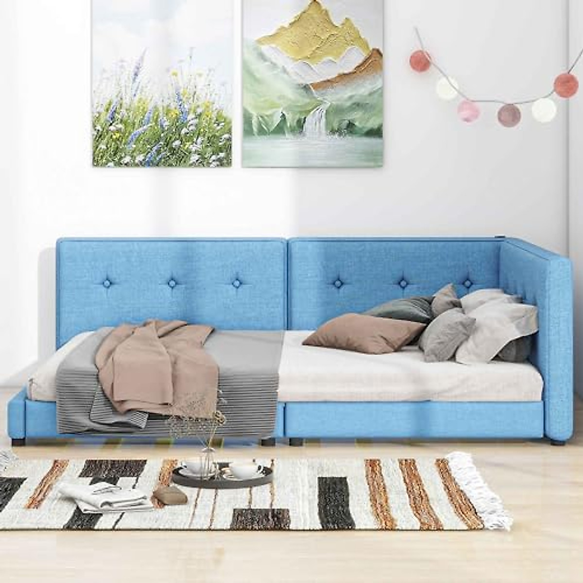 ATY Upholstered Queen Size Daybed with 2 USB Ports, Sofa Bed Platform Bedframe with Slat Support, No Box Spring Needed, for Bedroom, Livingroom, Guestroom, Easy Assembly, Blue