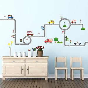 DECOWALL DW-1604 Vehicles on The Roads Kids Wall Stickers Wall Decals Peel and Stick Removable Wall Stickers for Kids Nursery Bedroom Living Room décor