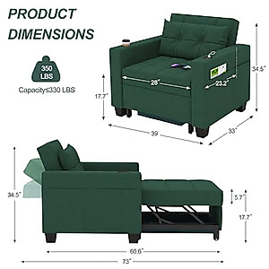 DURASPACE 39 Inch Sleeper Chair 3-in-1 Convertible Chair Bed Pull Out Sleeper Chair Beds Adjustable Single Armchair Sofa Bed with USB Ports, Side Pocket, Cup Holder (Forest Green Linen)