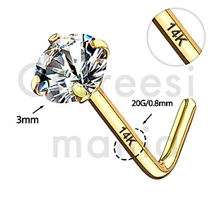 CM Crareesi Mania 14K Real Solid Yellow Gold Nose Stud 20Gauge Prong Set Round CZ L Bend Nose Stud Piercing