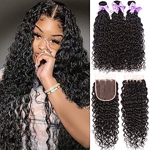 Laritaiya Water Wave Bundles With Closure Human Hair (18 20 22+16) Wet and Wavy Human Hair 3 Bundles with Closure 100% Unprocessed Deep Curly Human Hair Bundles With Closure Natural Black Color