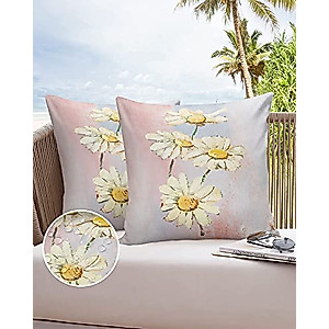 Outdoor Waterproof Throw Pillow Covers Daisy Flower Lumbar Pillowcases Oil Painting Abstract Decorative Outdoor Pillows Cushion Case Patio Pillows for Sofa Couch Bed Garden 16 x 16 Inches
