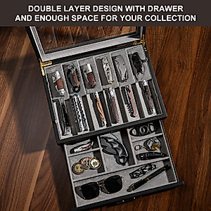 ikkle Pocket Knife Display Case, Knife Cases for Collections, Pocket Knife Case with Real Glass Window Top, Knife Display Case with Drawer, Two-Tire Pocket Knife Storage for Men Gift (Walnut)