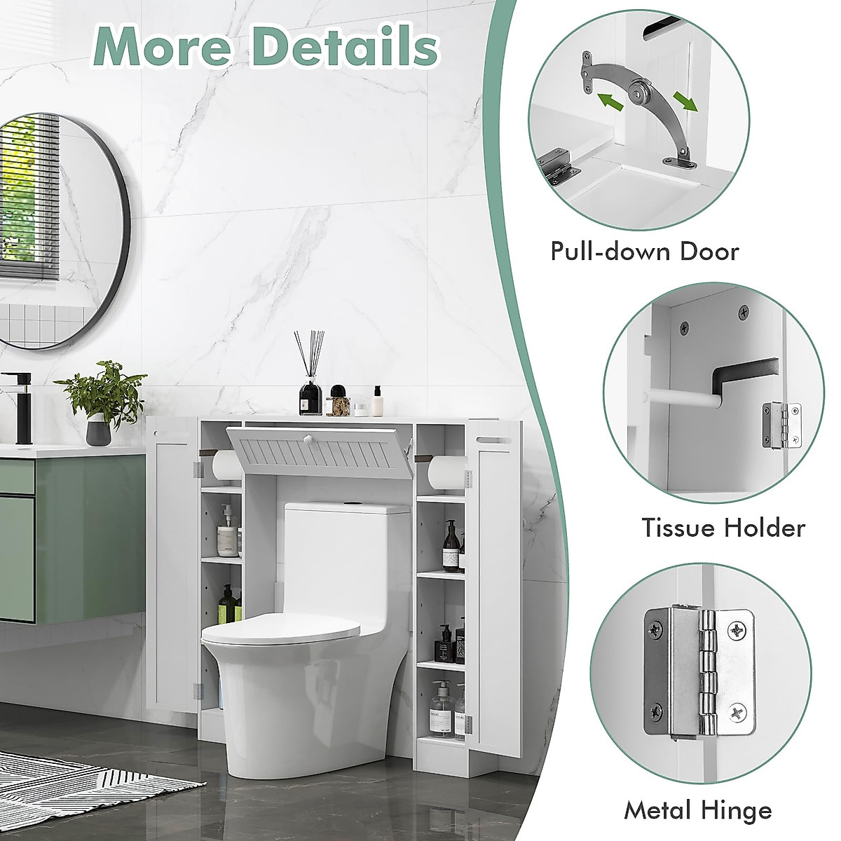 Tangkula Over The Toilet Storage Cabinet, Bathroom Space Saver w/Adjustable Shelves & Paper Holder, Freestanding above Toilet Organizer w/ 2 Side & Pull-Down Door for Bathroom Storage (White)