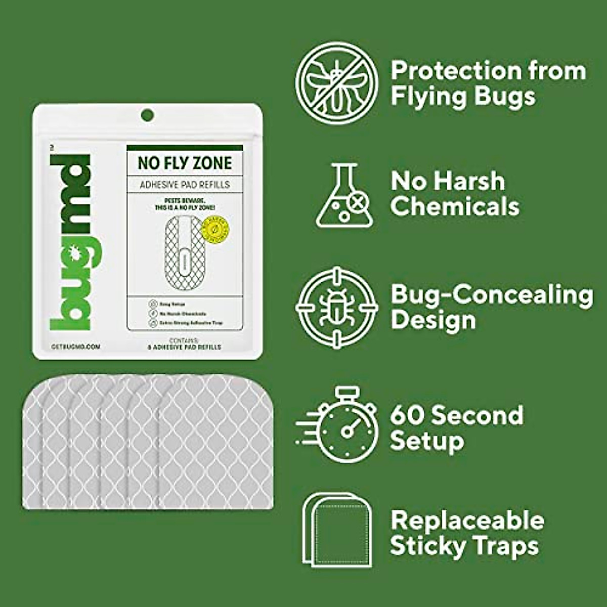 BugMD No Buzz Zone Refiller Pad (6 Refills) - Extra-Strong Adhesive Traps, Indoor Insect Trap Refill, No Harsh Chemicals, Household Friendly, Fly Trap Refill, Flea Trap Refills, Bug Trapper