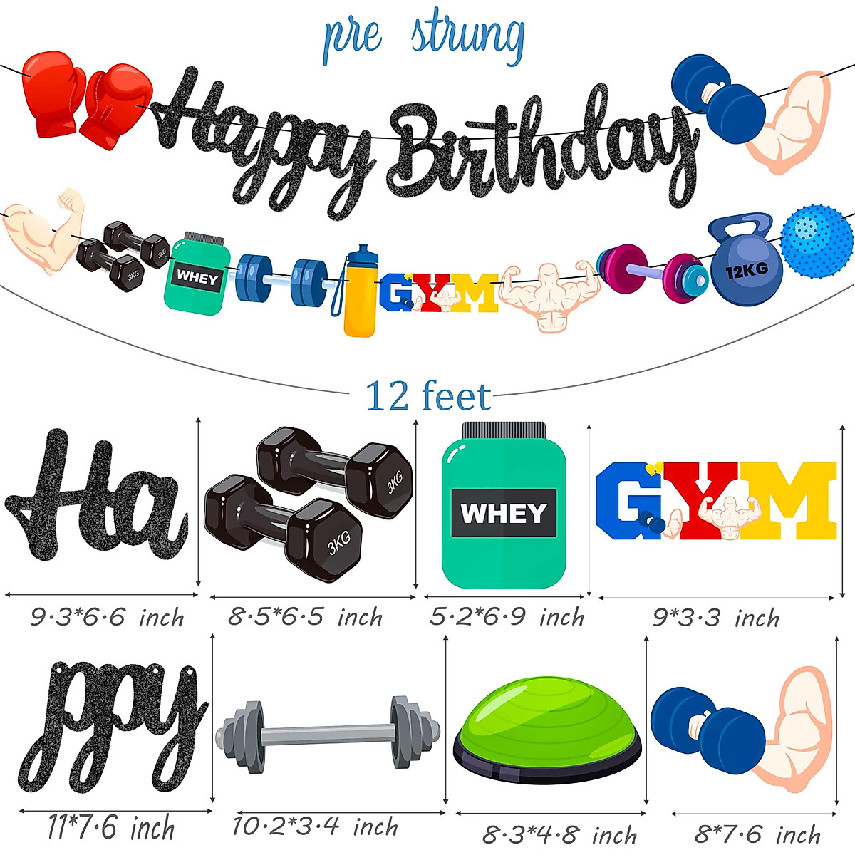 Gym Birthday Party Banner Weight Lifting Birthday Party Decorations 2Pcs Glitter Fitness Birthday Party Banners Gym Happy Birthday Banner for Gym Theme Baby Shower Supplies