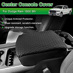 Shademax Dodge Ram 1500 Center Console Cover,Armrest Cushion Pad Cover for Dodge Ram 1500 Accessories 2019 2020 2021 2022 2023 2024, PU Leather Dodge Console Cover Anti-Scratch Black