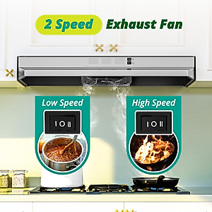 FIREGAS Range Hood 36 inch Under Cabinet, Ducted/Ductless Convertible Kitchen Hood, Stainless Steel Vent Hood with LED Light,2 Speed Exhaust Fan, Silver