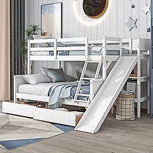 GLORHOME Twin Over Full Bunk Bed,Wooden Bunk Bed, Bunk Bed with Drawers,Slide,Grey
