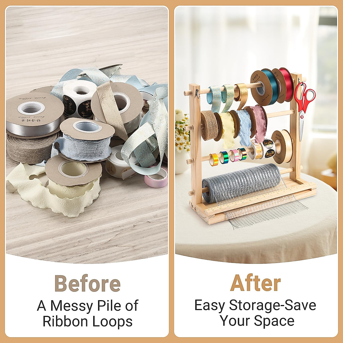 Aulin Ribbon Storage Organizer Rack - Wooden Ribbon Spool Holder for Craft Mesh Ribbon Wreath Bow Washi Tape Arts & Crafts Supplies, Ribbon Rack for Craft Room, Florist Arts Wrapping Craft Gift