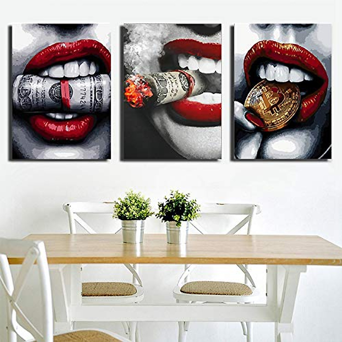 Red Lips Series: 【Luxury】-Spray Painting Core Modern Fashion Sexy Red Lips Nordic Style Room Decoration Painting Sofa Background HD Wall Painting Set of 3（11.8"X15.75")【No Fram