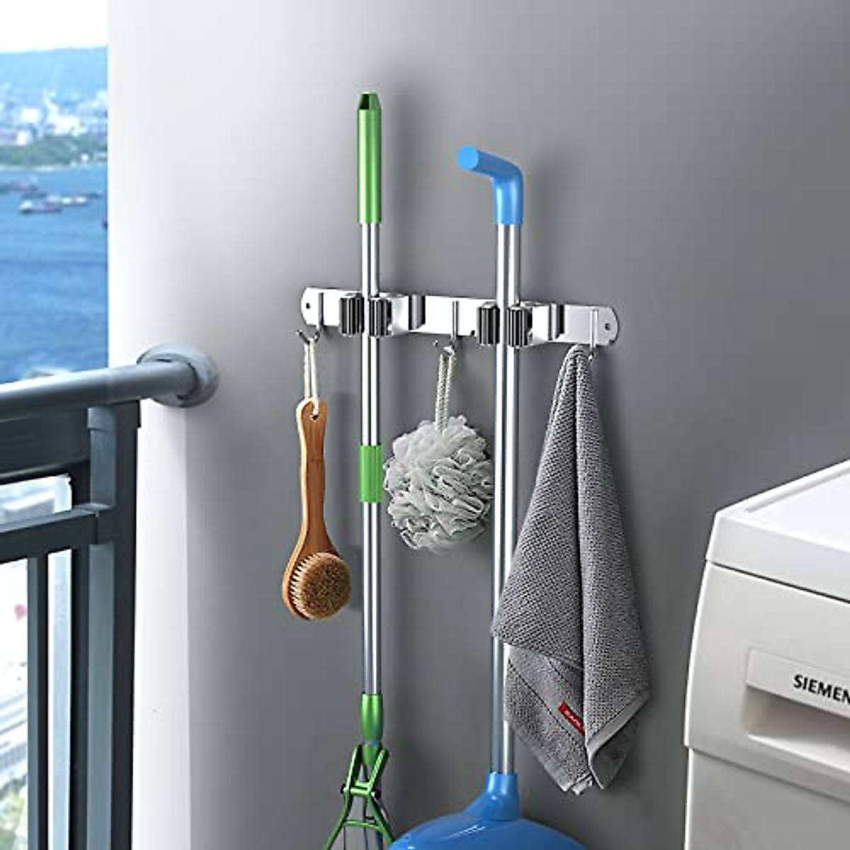 Bugu Bird Broom organizer wall mount，2pcs Mop and Broom Holder Wall Mount ,broom hanger ,Stainless Steel Heavy Duty Hooks Self Adhesive Hanger for Home Goods（ Grey