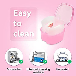 Dental Orthodontic Retainer Container Cleaning Case,Denture Bath Box Case Cup Holder, Mouthguard Storage Soaking Case - Leak Proof with Lid Waterproof - Pink