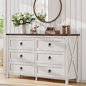 ChooChoo Farmhouse 6 Drawer Dresser, White Dresser for Bedroom, Wide Dressers & Chests of Drawers for Entryway, Hallway