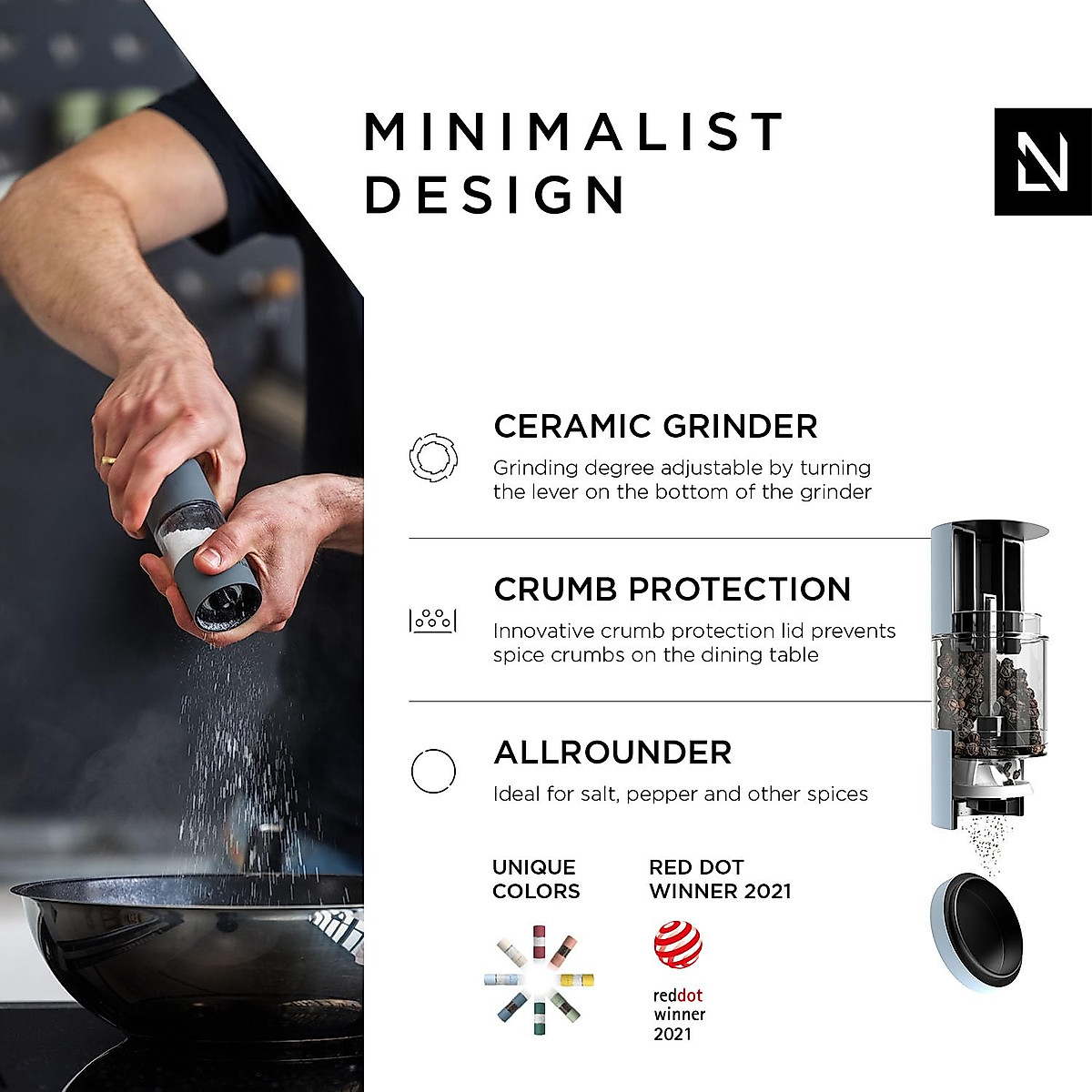 LARS NYSØM Salt and Pepper Grinder Set I Salt and Pepper Mills with Adjustable Ceramic Grinder 2 pieces I Manual Design Spice Mill Set (Sky Blue)