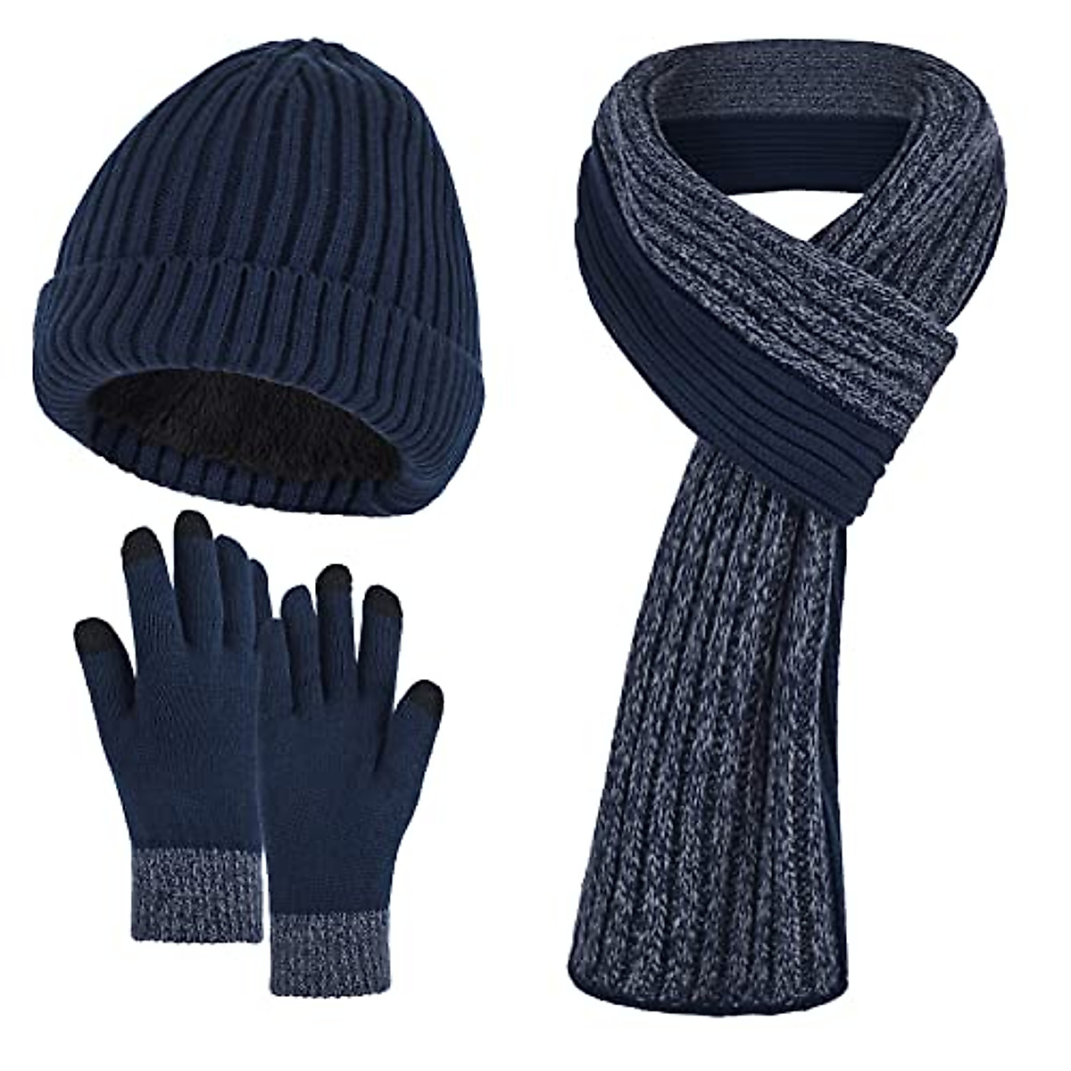 Winter Beanie Hats for Men 3 Pieces Warm Scarf Touchscreen Gloves Set Mens Fleece Lined Knit Cap for Cold Weather