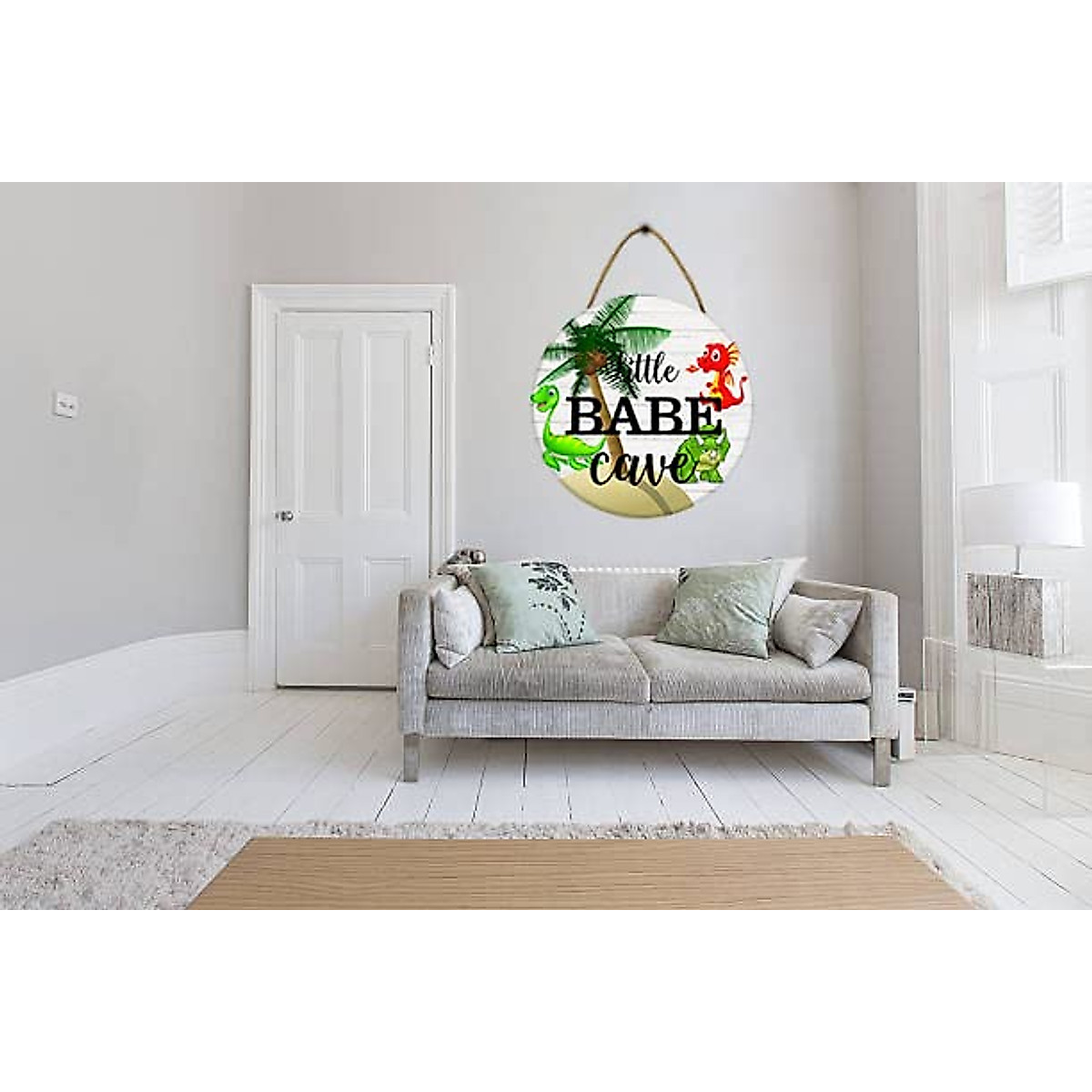 KPSheng Dinosaur Door Decor Plaque, Little Babe Cave Wooden Sign Door Hanger Nursery Decoration for Boys, Wood Wall Hanging Wreath for Toddler Kids Room Bedroom Playroom, 12 x 12 Inch