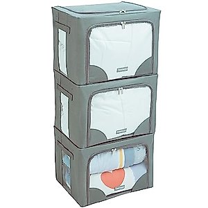 Tasmegol Foldable Clothes Storage Box Stackable Clear Window Closet Containers Organizer Bins Oxford Cloth Steel Frame Clothing Bags for Sweater Bedding Blanket