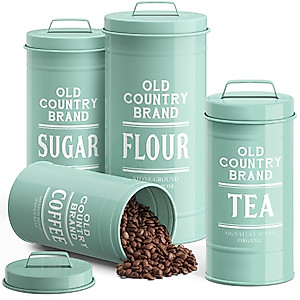 Barnyard Designs Canister Sets for Kitchen Counter, Farmhouse Canisters Sets for the Kitchen Countertop, Metal Canister with Lid, Coffee Tea Sugar Flour Container Set for Counter (Mint)