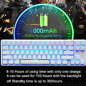 Wireless 60% Mechanical Gaming Keyboard,Ultra-Compact Blue Backlit keyboard Bluetooth 4.0 Tepy C Wired/Wireless Blue Switches Computer Keyboard for Multi-Device iPhone Android Mobile PC Laptop(White)