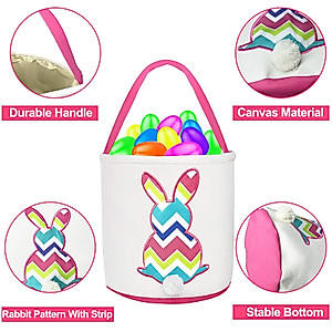 TURNMEON 3 Pack Easter Baskets Bags for Kids, Bunny Canvas Personalized Candy Easter Eggs Hunt Baskets Bucket Tote Bags with Rabbit Fluffy Tail for Boys Girls Easter Party Favors Decorations Gifts Toy