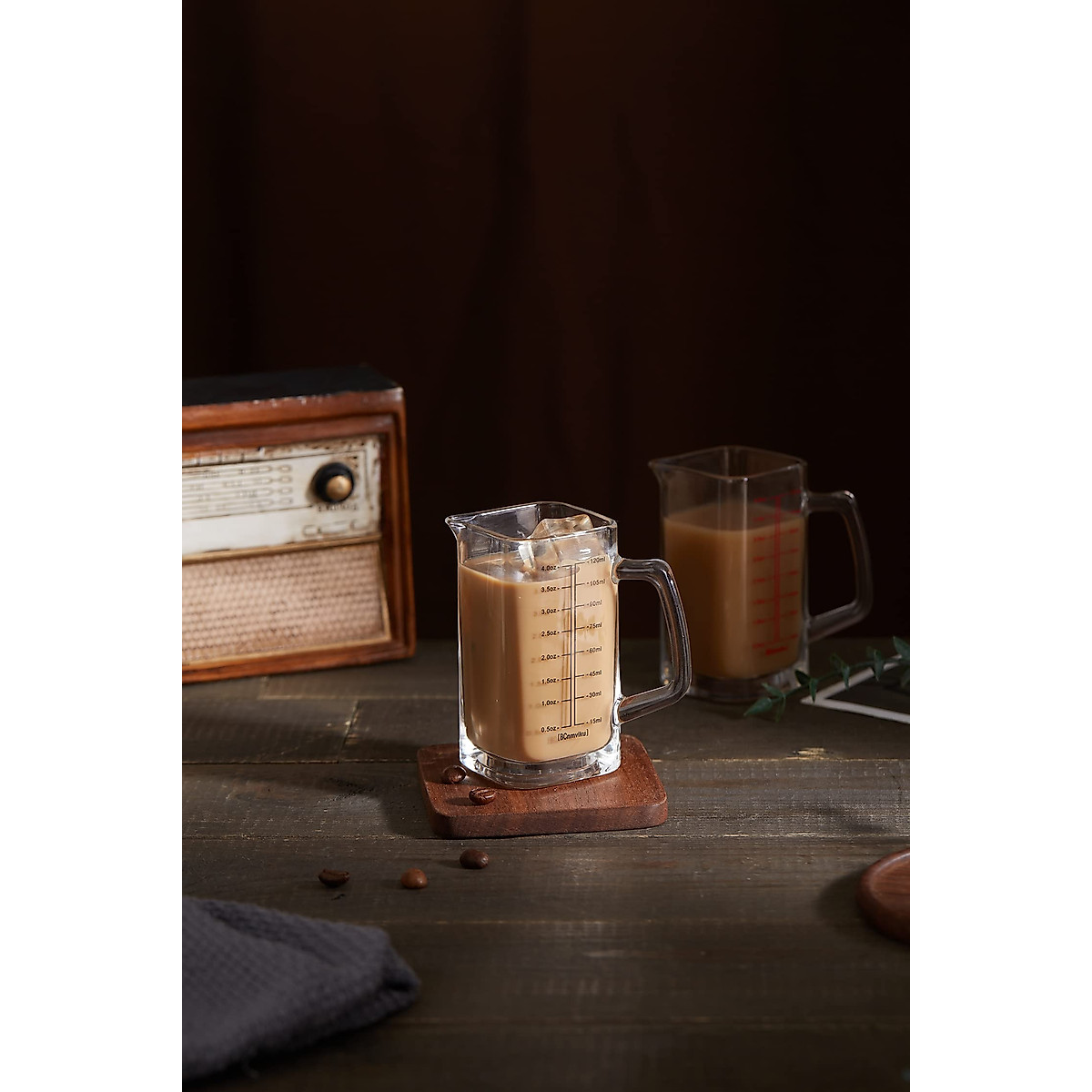 BCnmviku Square Measuring Cup Shot Glasses With Glass handle 4 Ounce/120ML V-Shaped Spout Espresso Glass Cup Liquid Heavy High Wine Separator Glasses (Black Line)