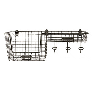 Spectrum Diversified Vintage Station, 2 Baskets with Label Plates for Entryway Storage, Sturdy Steel Hooks for Jackets, Leashes & Accessories, Rustic Farmhouse Decor, Large, Industrial Gray